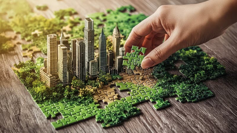 Hand Makes Puzzles Green City. Selective Focus Stock Image - Image of ...