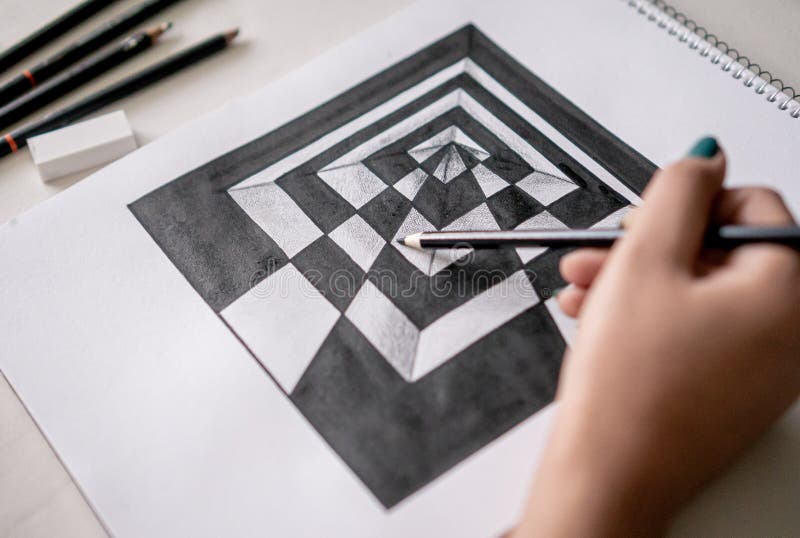 Hand Making a Black and White Perspective Drawing by Taking a Pencil ...