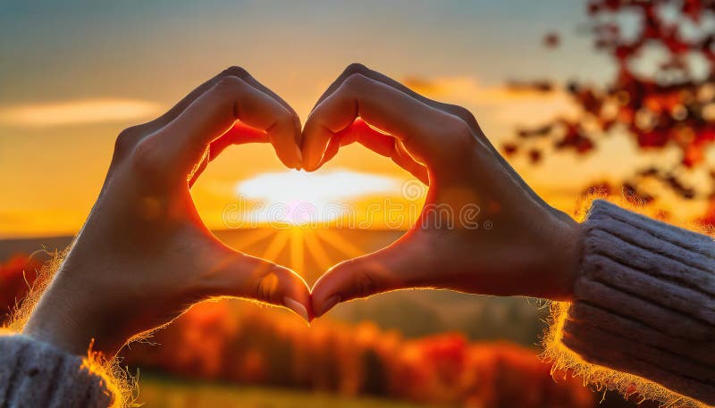 Hand is Making a Heart Gesture Against an Autumn Sunset Sky Stock ...