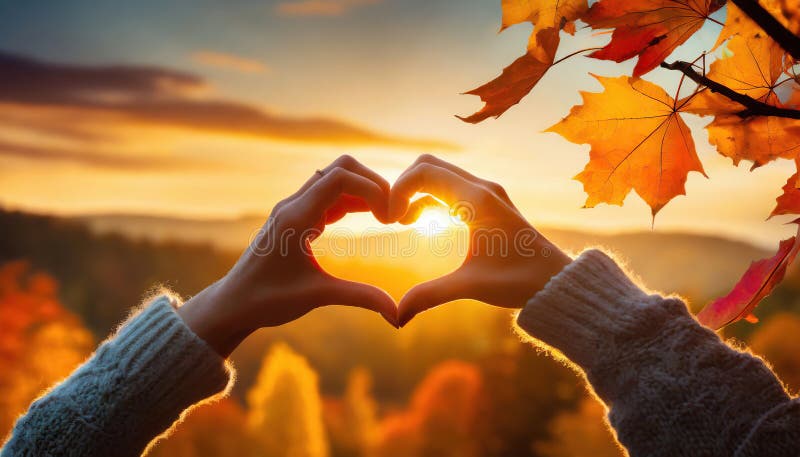 Hand is Making a Heart Gesture Against an Autumn Sunset Sky Stock ...