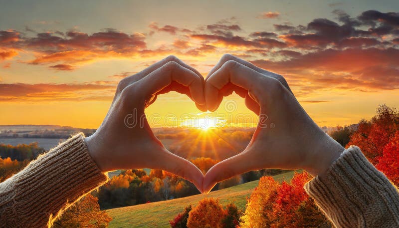 Hand is Making a Heart Gesture Against an Autumn Sunset Sky Stock ...