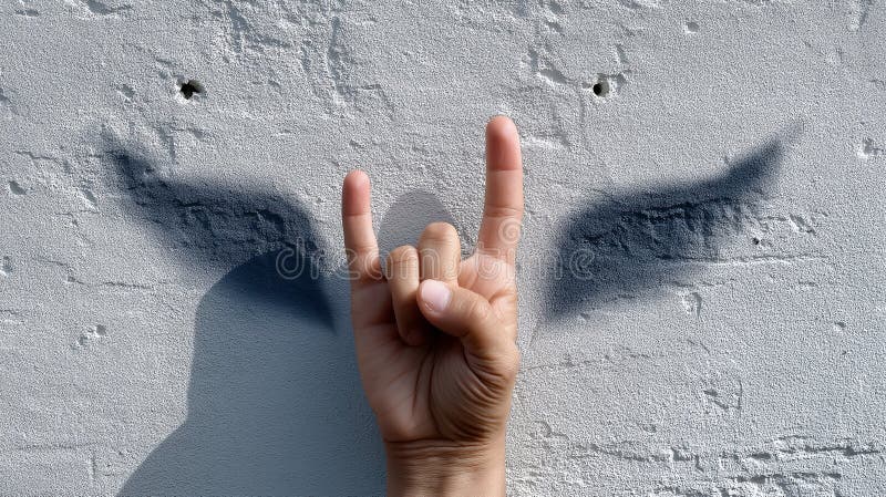 Hand Making Rock Gesture in Front of Wall with Shadowed Wings Stock ...