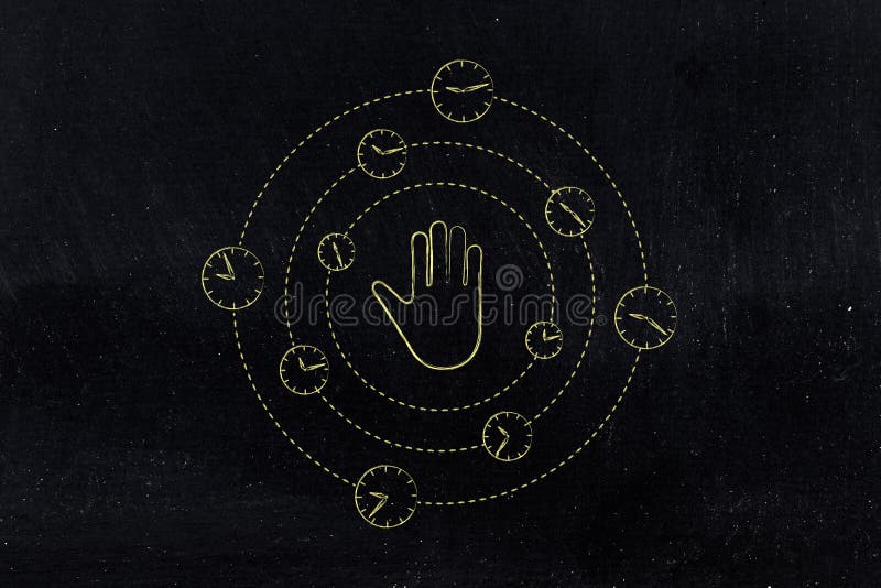 Hand Making a Stop Gesture Surrounded by Spinning Clock Stock Photo ...