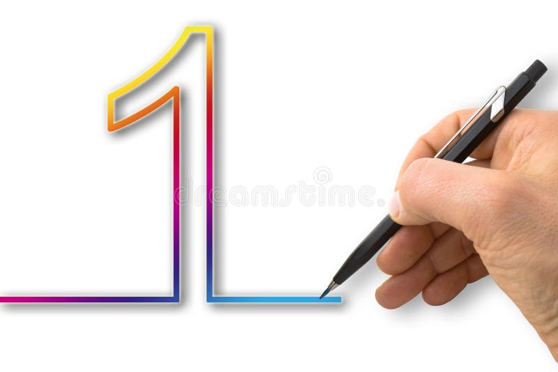 Hand Male Draw the Number One on Paper Stock Image - Image of message ...