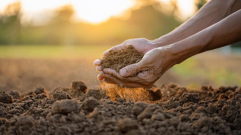 Hand of Male Holding Soil in the Hands for Planting Stock Illustration ...
