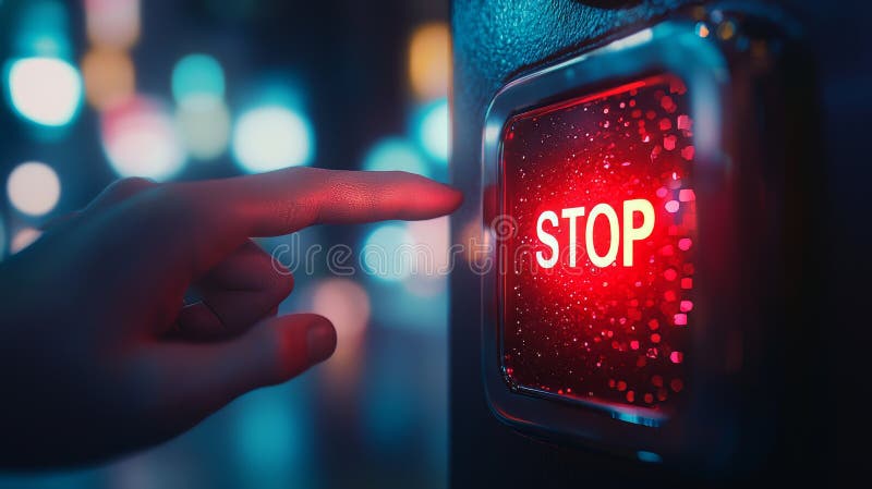 The Hand of a Male is Seen Pressing a Red Emergency Stop Button. Stock ...