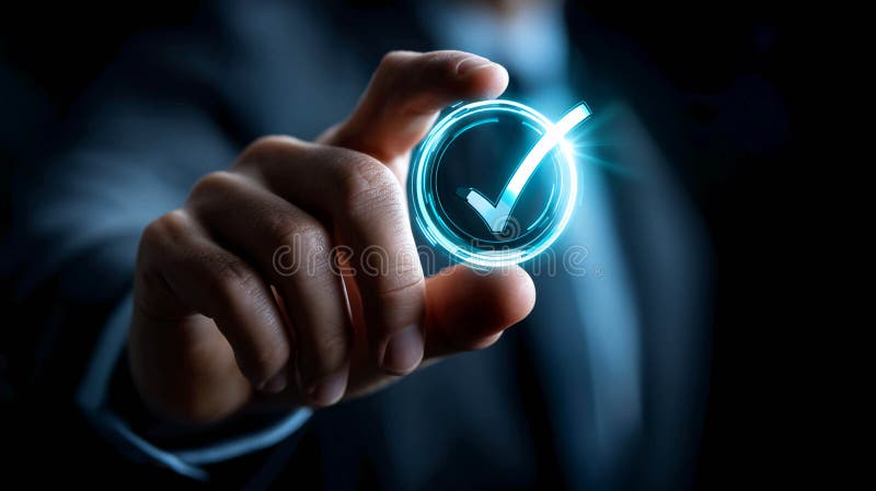 The Hand of a Man in a Business Suit Touching a Glowing Tick Icon ...