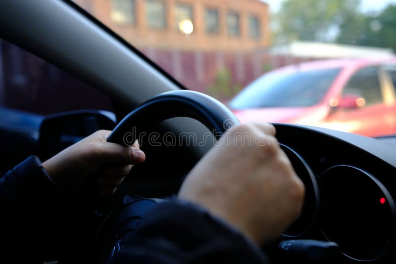 Hand of Man Driving Inside Car Selective Focus Stock Photo - Image of ...