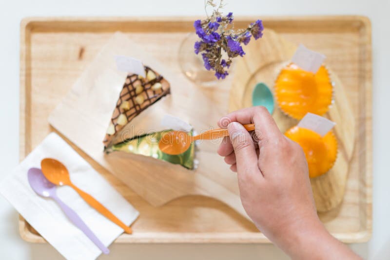 Hand Man Eating Various Cakes. Stock Image - Image of plate, cakes ...