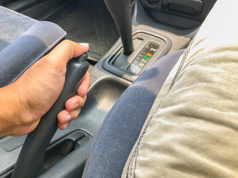 Hand of man on hand break stock image. Image of comfortable - 98796163