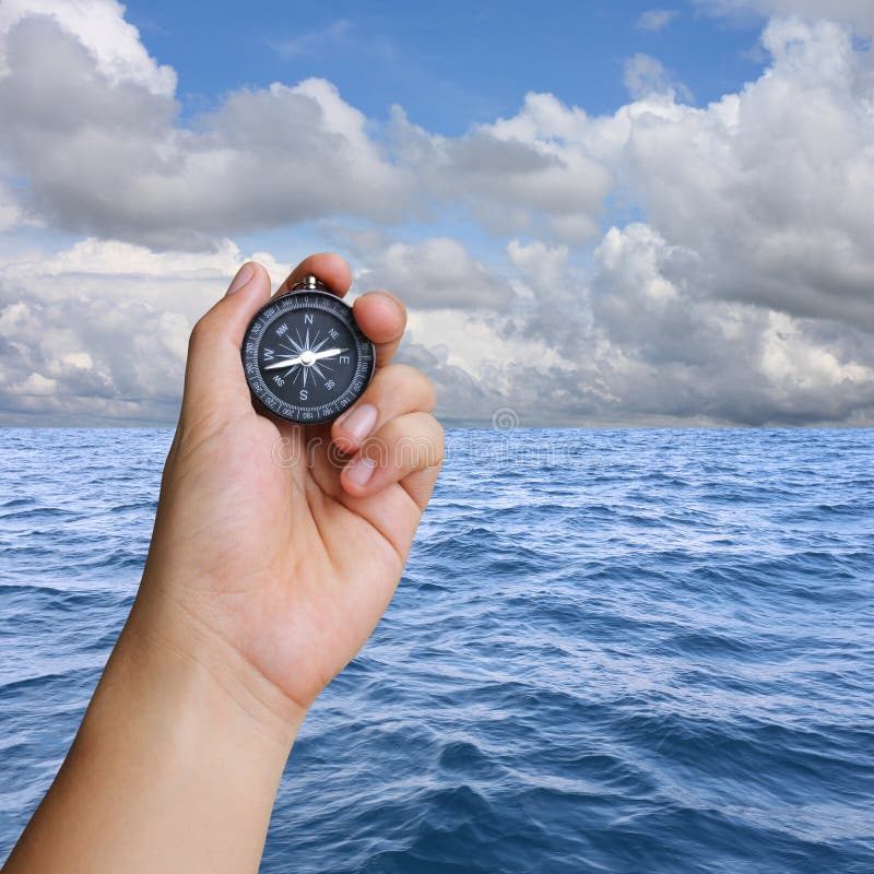 Hand of Man Holding a Compass and View Sea. Stock Photo - Image of ...