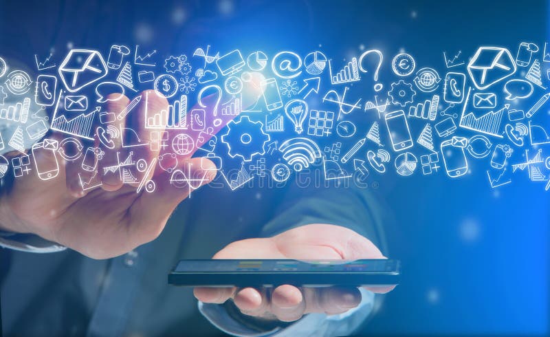 Hand of a Man Holding Device with Internet Icons All Around Stock Photo ...