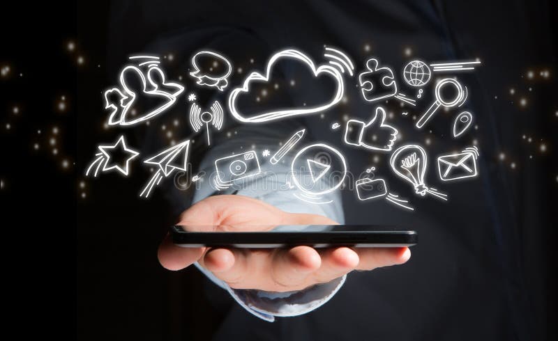 Hand of a Man Holding Device with Internet Icons All Around Stock Image ...