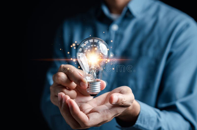 Hand Man Holding Illuminated Lightbulb, Idea, Innovation and ...