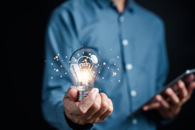 Hand Man Holding Illuminated Lightbulb, Idea, Innovation and ...