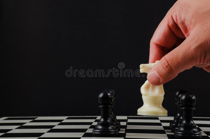 Hand Man Making Move with White Horse Knight on Chess Board Stock Photo ...