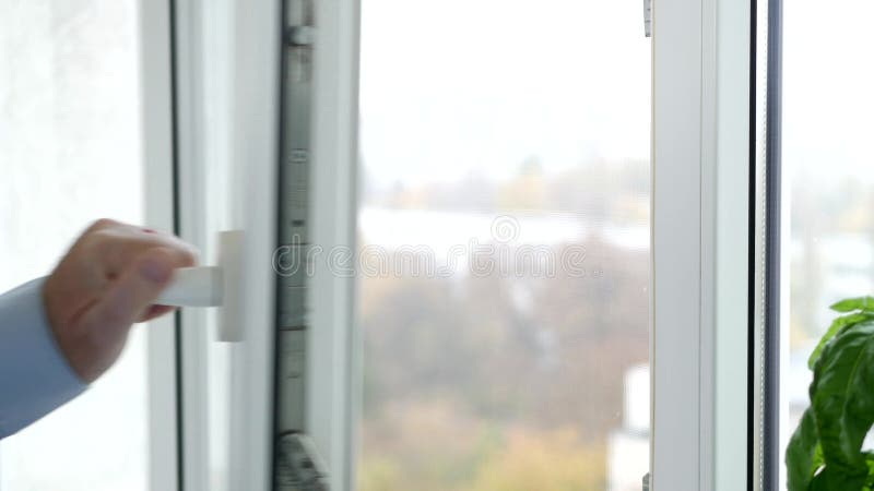 Hand of a Man Opening Large a Window from the Office Stock Video ...