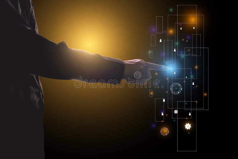 Hand of the Man Pointing To Icon Shape Technology. Stock Illustration ...