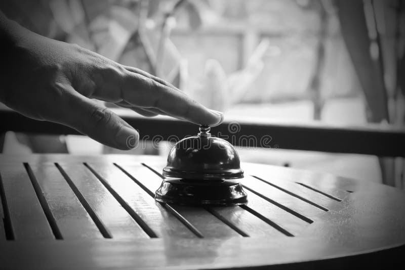 Hand Man Push Hotel Bell Black and White. Stock Photo - Image of lobby ...