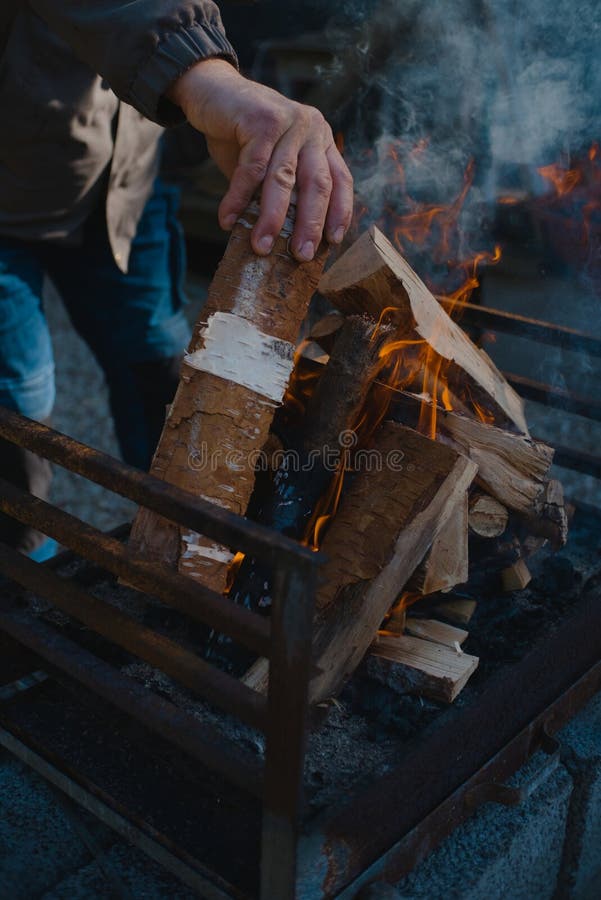 Hand of a Man Putting Firewood into Burning Fire Stock Photo - Image of ...