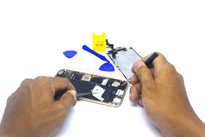 Hand Man Repair Smartphone with Tools, Isolate, Smartphone Damage Need ...