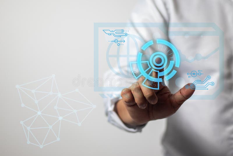 Hand Man Scans Finger through Touch Screen Stock Image - Image of data ...