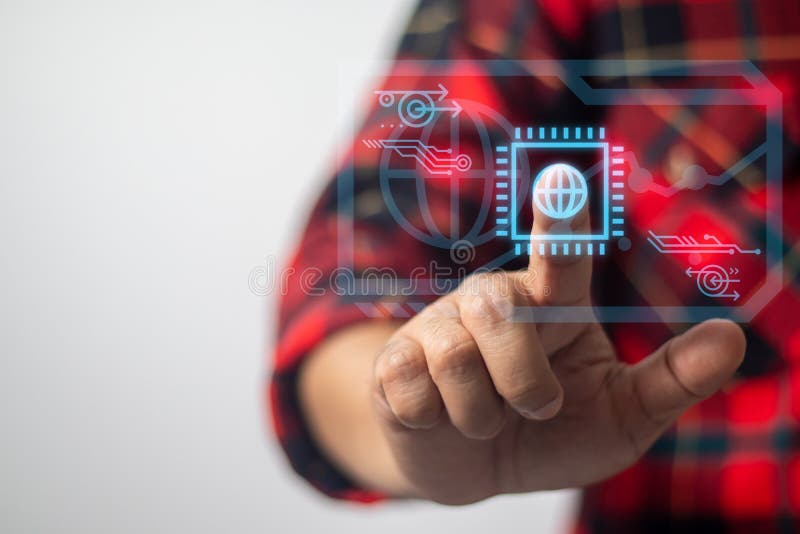 Hand Man Scans Finger through Touch Screen Stock Image - Image of cyber ...