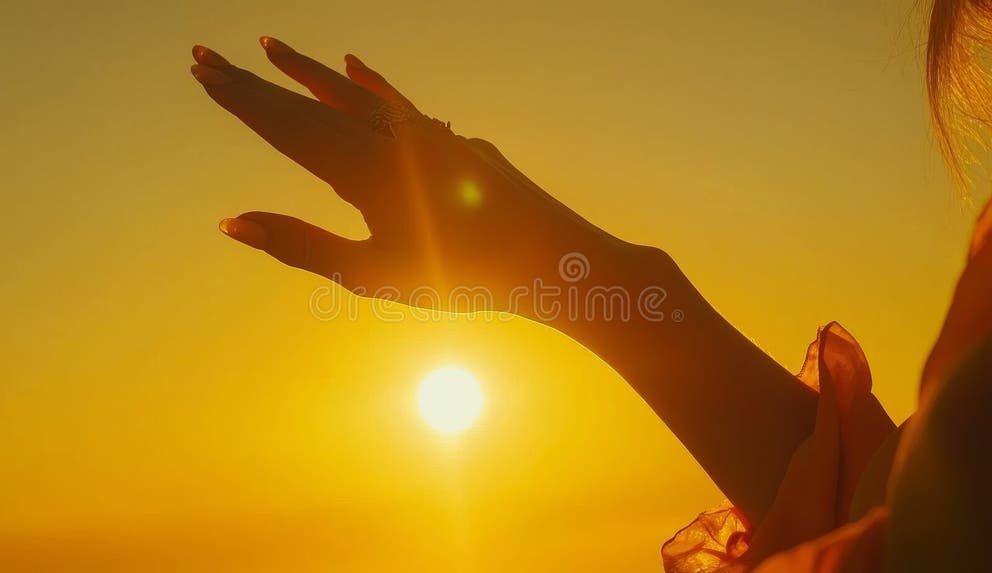 A Hand of a Man Seizing the Sunset with Space for a Caption. Stock ...