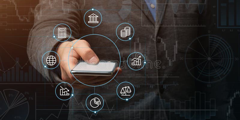 Hand of Man in Suit with Phone. Double Screen with Graphs and Symbols ...