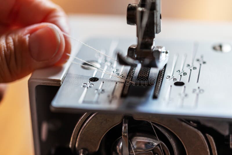 Hand of a Man is Threading a Thread at the Presser Foot Stock Photo ...