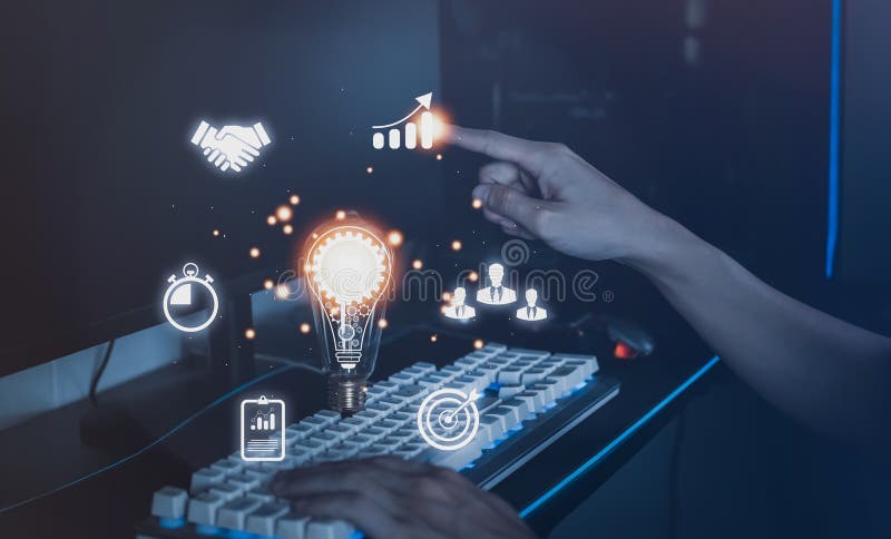 Hand of Man Touch Lightbulb with Hologram Icon and Using Computer. New ...