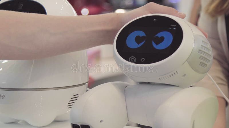 Hand of Man Touches the Robot. Robot is Happy with the Touch of a Human ...