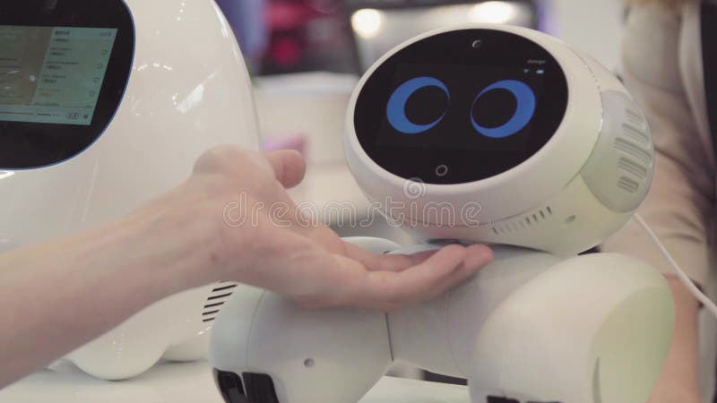 Hand of Man Touches the Robot. Robot is Happy with the Touch of a Human ...