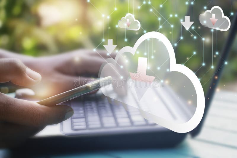 Hand Man Using Laptop Computer for Doing Cloud Uploading Data on the ...