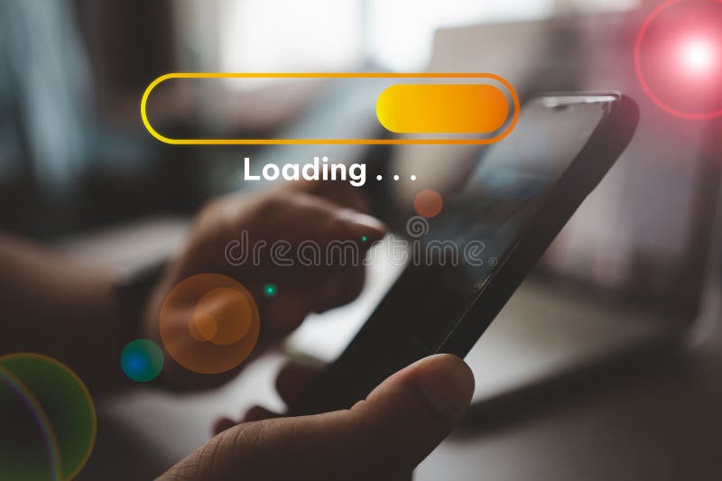 Hand Man Using Mobile Smartphone and Loading Icon for Download and ...