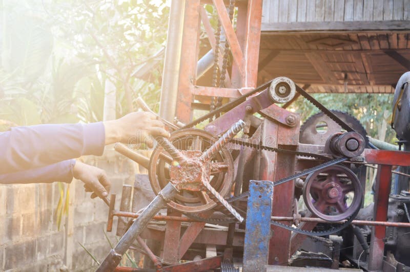 Hand of Man Working with Old Machine Stock Image - Image of ground ...