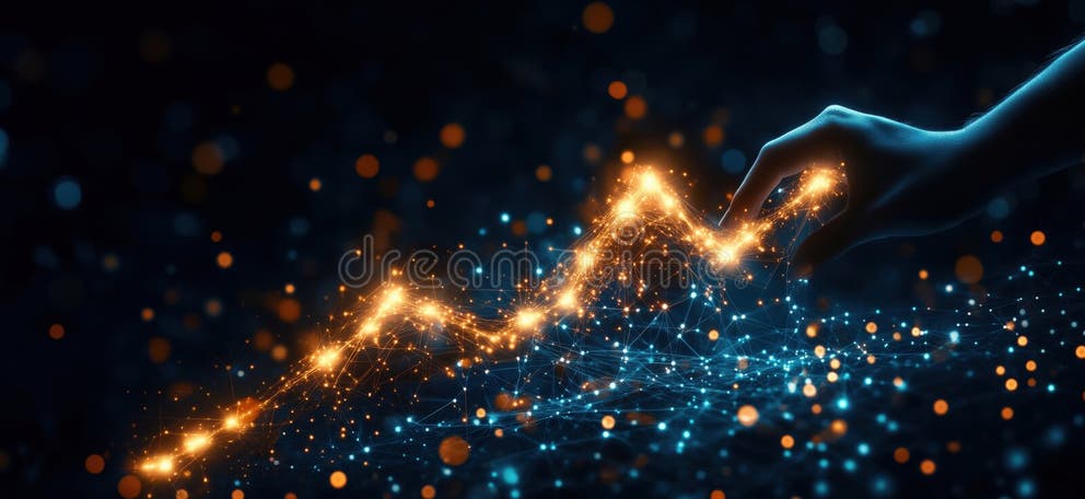 Hand Manipulating Data Visualization with Glowing Graph Lines and Dots ...
