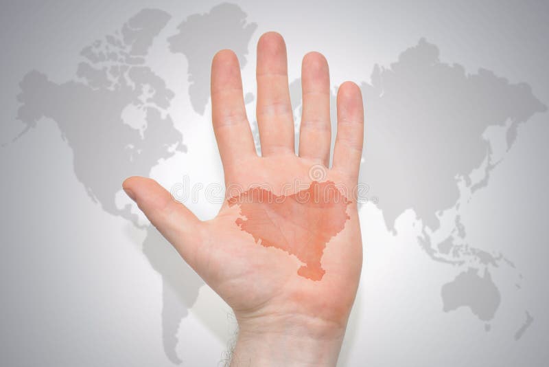 Hand with Map of Basque Country on the Gray World Map Background Stock ...
