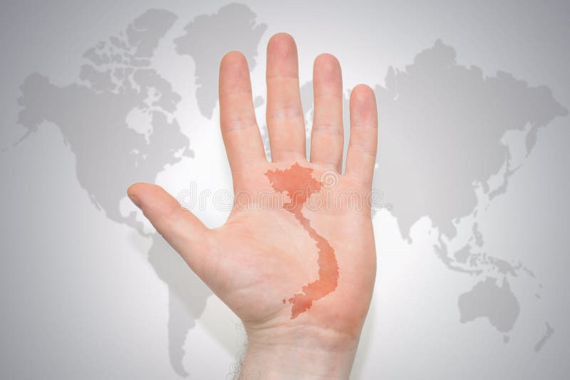 Hand with Map of Vietnam on the Gray World Map Background Stock ...