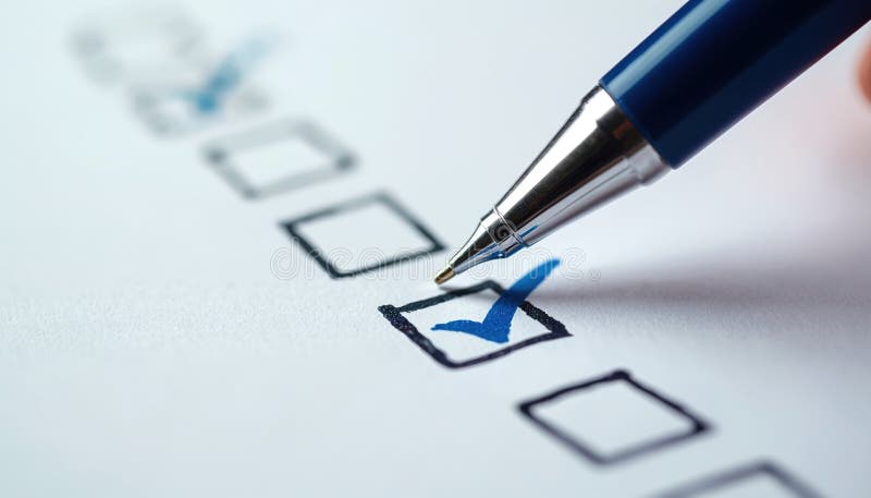 Hand Marking Checklist with Pen. Blue Checkmark Shows Task Completion ...