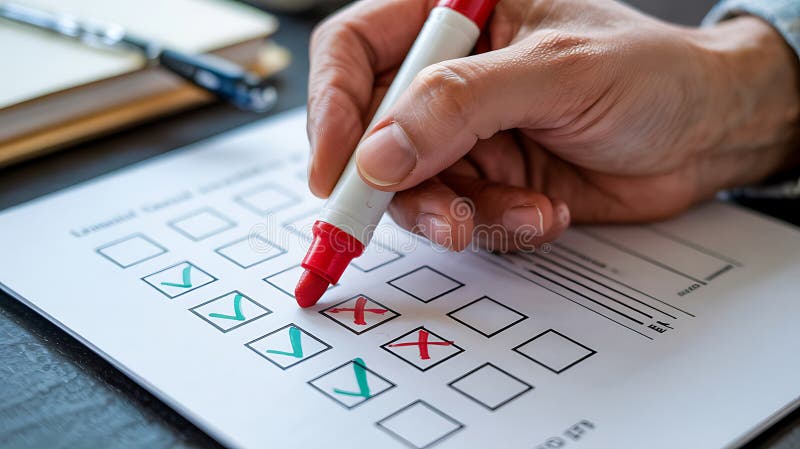 Hand Marking Checklist with Red Marker and Green Checks Stock ...