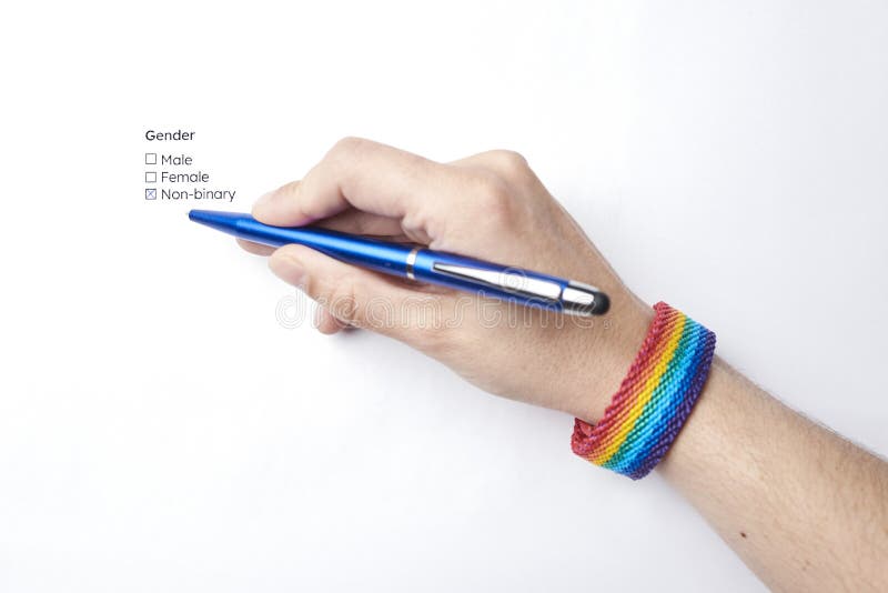 Hand Marking the Non-binary Option on a Form with a Rainbow Lgbt Flag ...