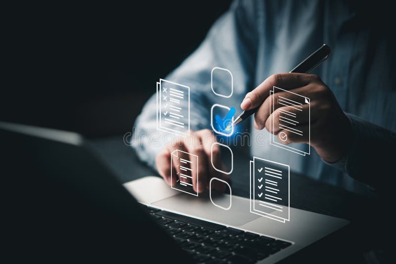 A Hand Marks a Checkbox on a Virtual Checklist Digital Document Approve ...