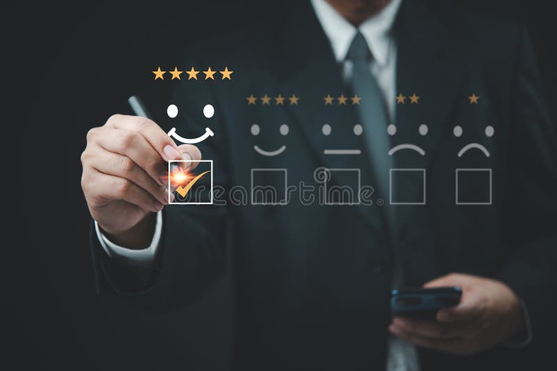 A Hand Marks a Five-star Rating with a Smiley Face for Customer ...