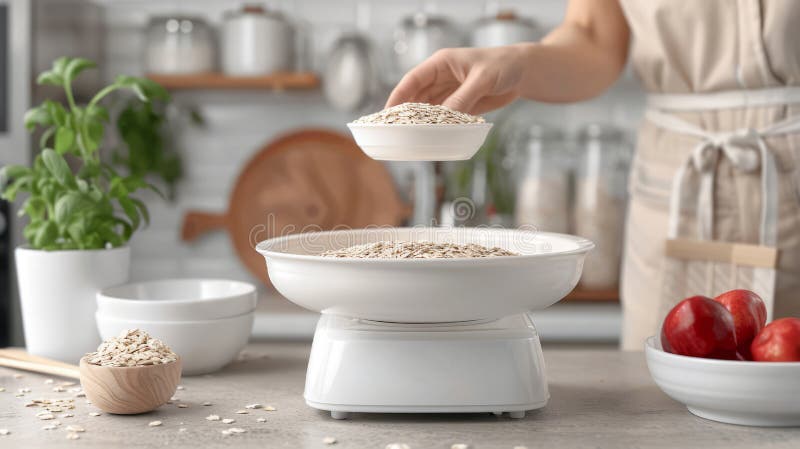 Hand Measuring Oats on a Kitchen Scale with Fresh Ingredients in Modern ...