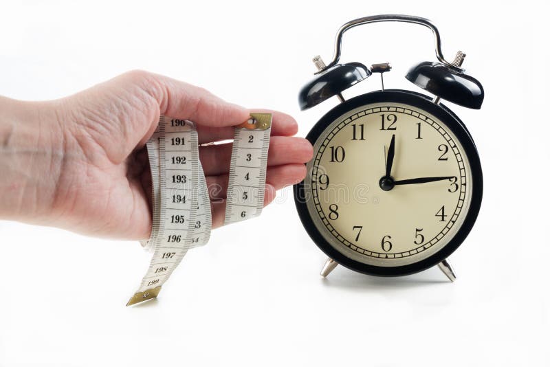 Hand with Measuring Tape and Alarm Clock Stock Image - Image of indoors ...