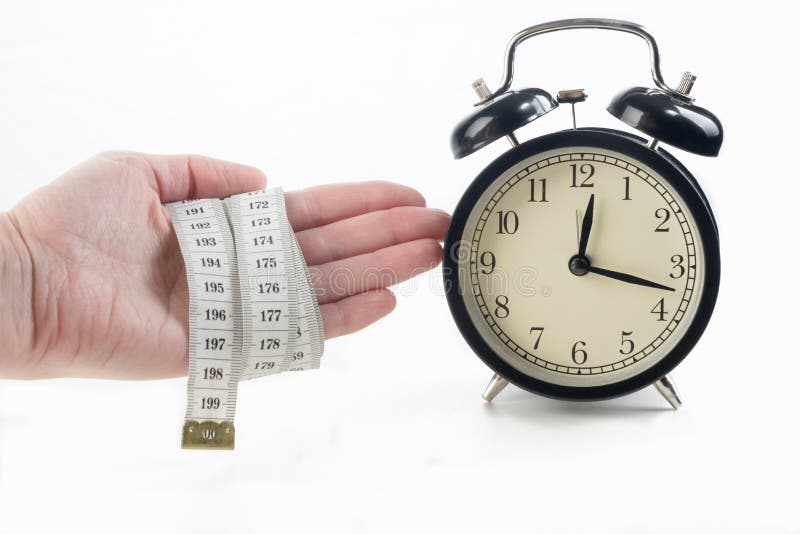Hand with Measuring Tape and Alarm Clock Stock Photo - Image of number ...