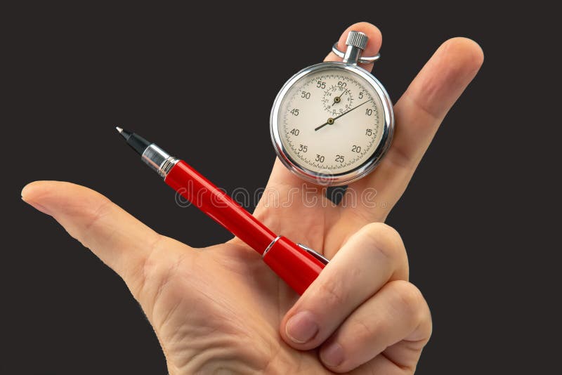 Hand with a Mechanical Analog Stopwatch on a White Background. Time ...