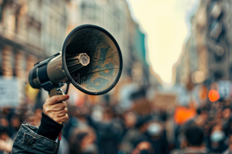 Hand with Megaphone Leads Protest, Blurred Crowd of Demonstrators in ...