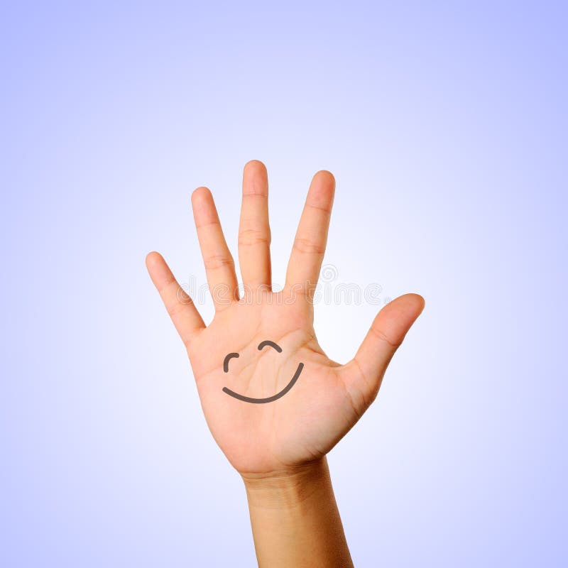 Hand met Smiley Palm Face stock foto. Image of symbool - 31477462